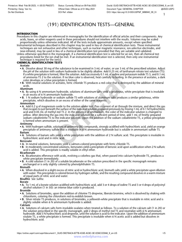 〈191〉 Identification Tests—General | PDF