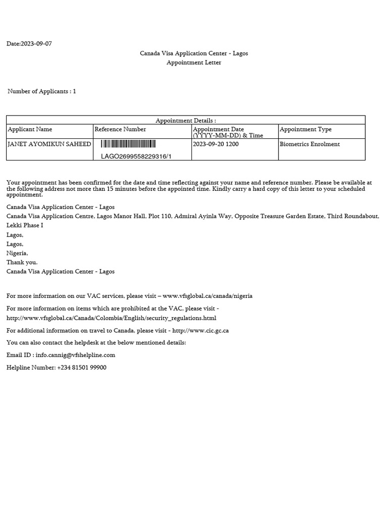 Canada Visa Appointment Confirmation Lagos | PDF
