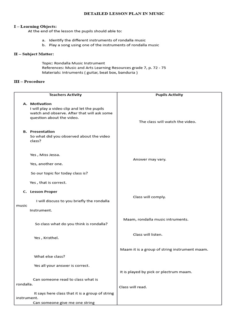 Detailed Lesson Plan in Music Rondalla | PDF