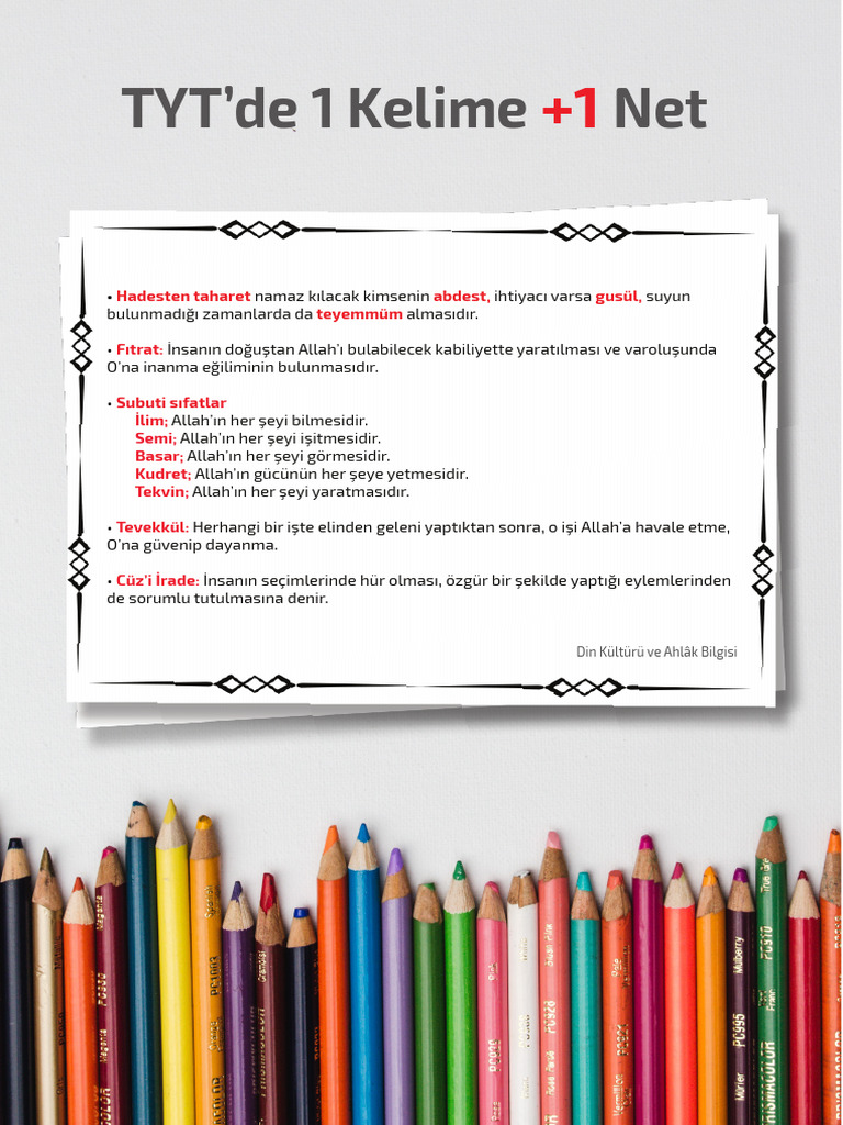 TYT'de 1 Kelime Net: Hadesten Taharet Abdest, Gusül, Teyemmüm | PDF