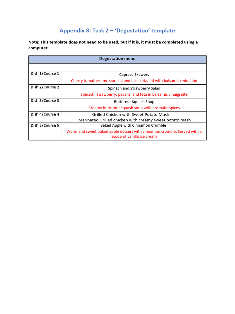 SITHKOP015 Portfolio - Appendix 8 - Task 2 Template - Student | PDF