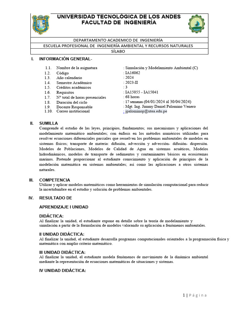 UTEA Silabo - Simulación y Modelamiento Ambiental - C | PDF | Informática