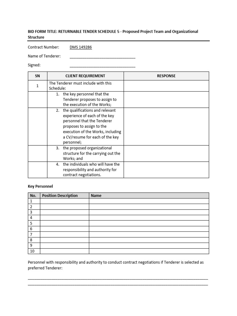 Bid Form for Returnable Tender Schedule 5 | PDF