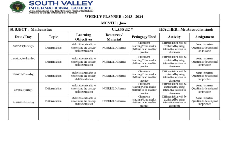 12th WEEKLY PLANNER FORMAT | PDF