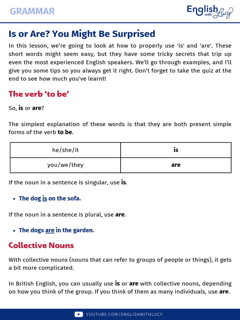Using "Is" vs "Are" in English | PDF | Grammatical Number | Plural