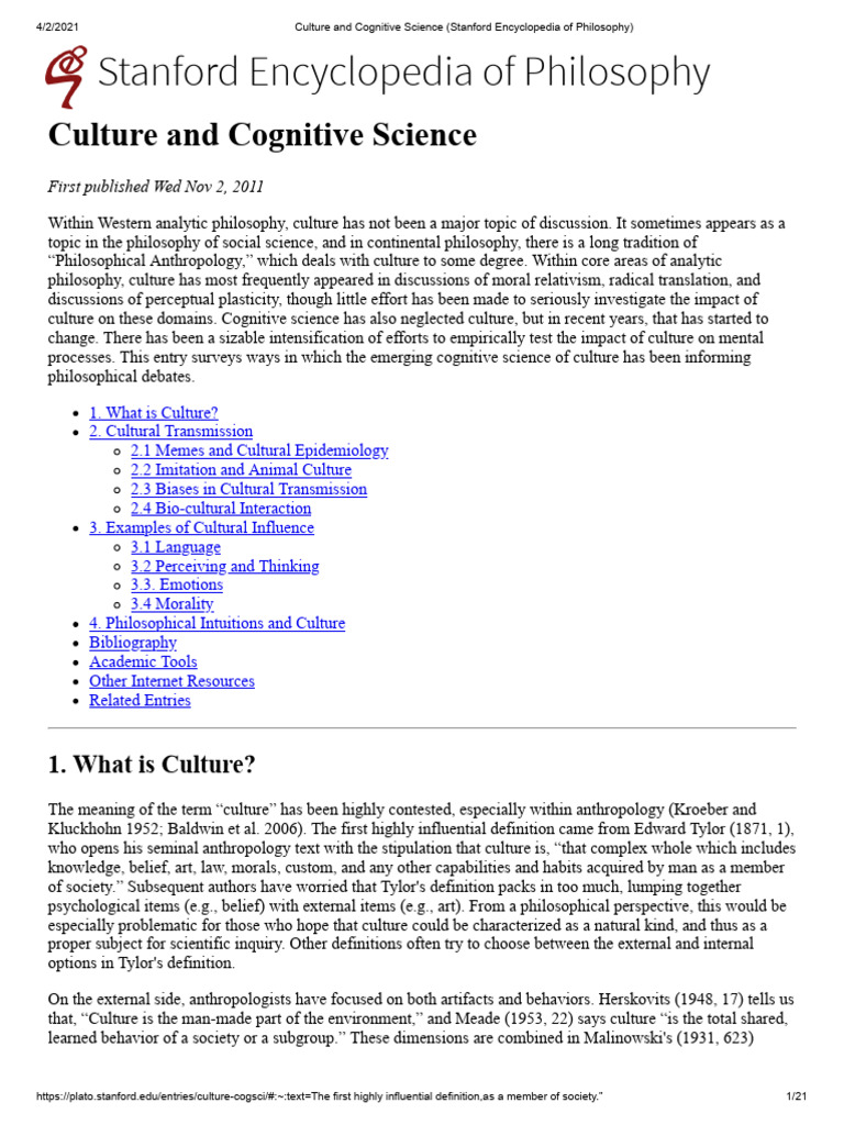 Culture and Cognitive Science (Stanford Encyclopedia of Philosophy ...