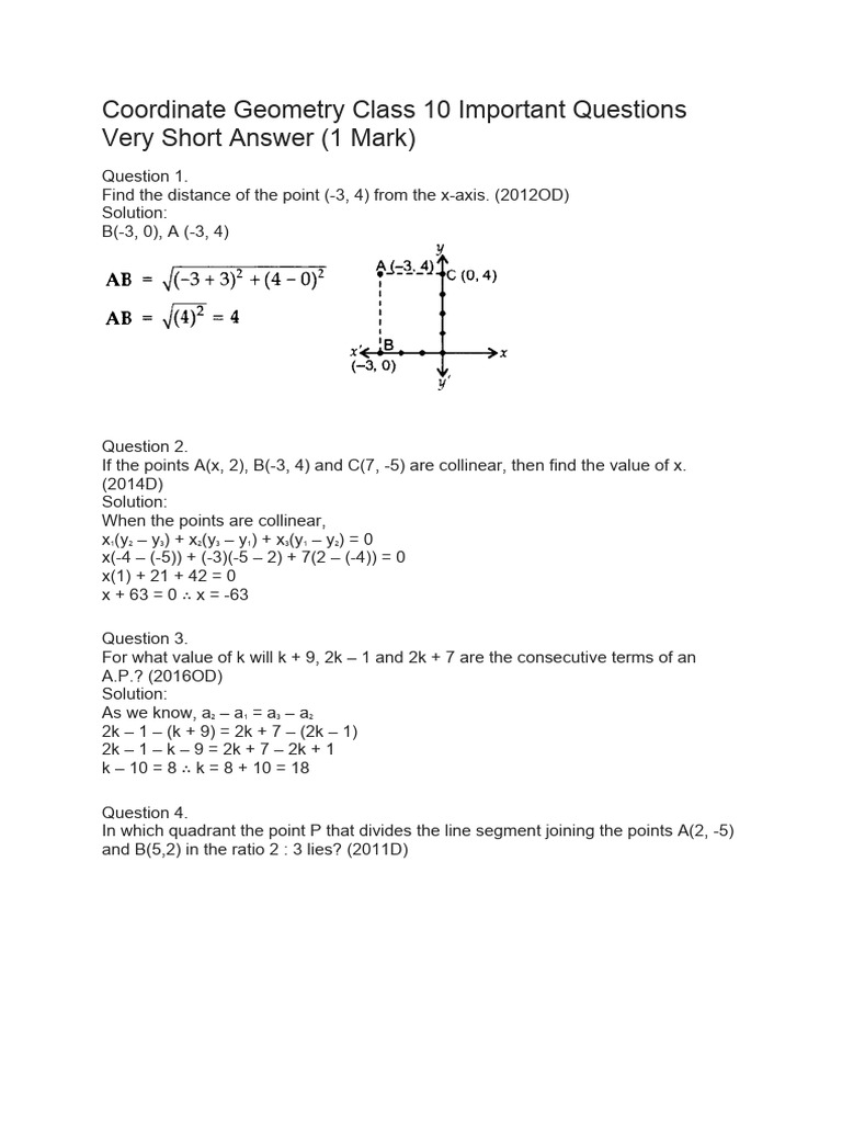 Coordinate Geometry Class 10 Important Questions Very Short Answer (1 ...