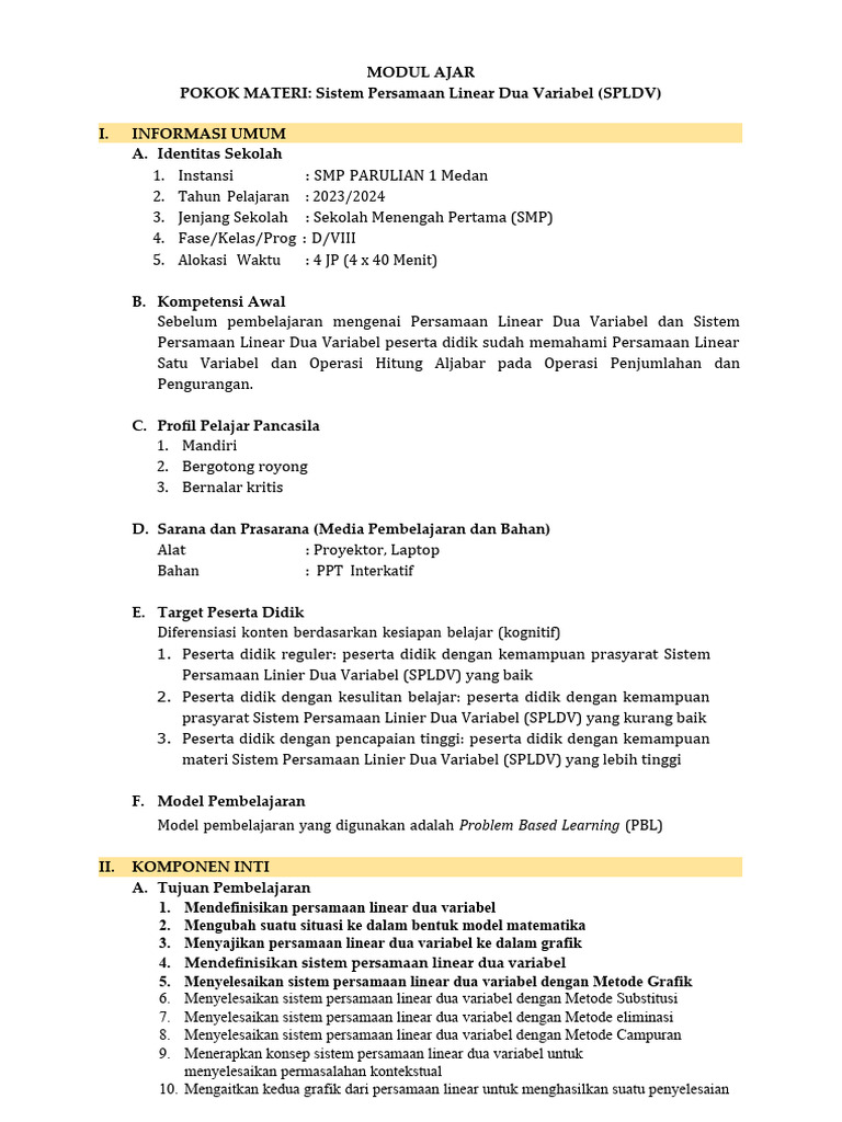 Modul Ajar SPLDV KLS 8 | PDF