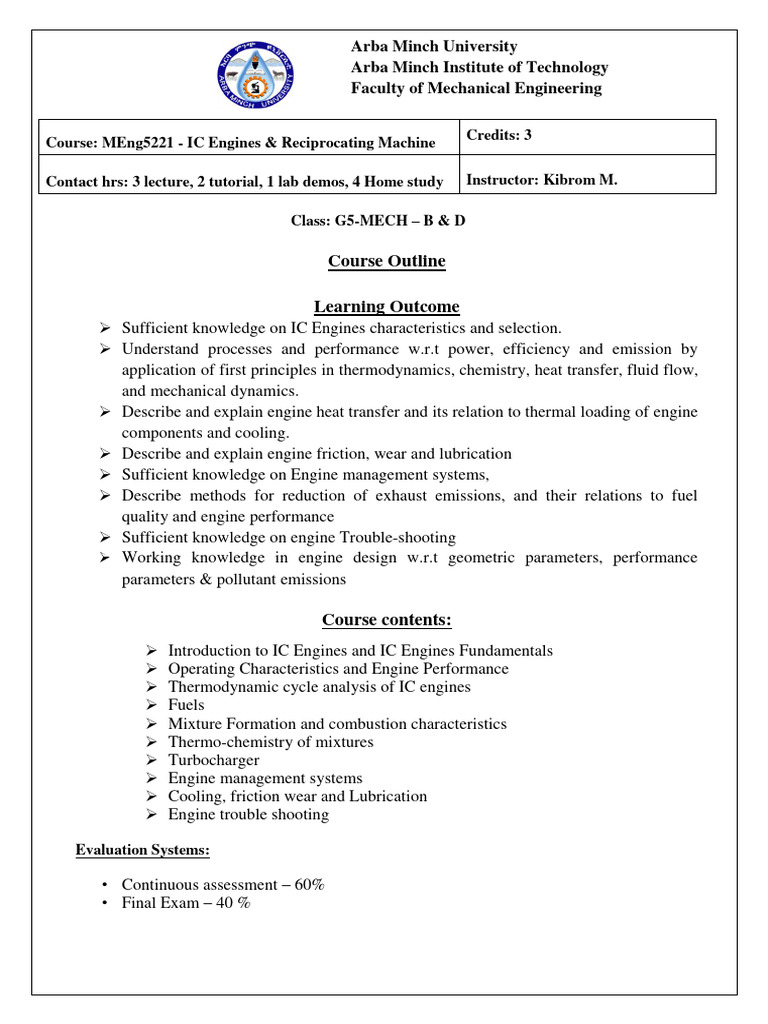 IC Engine Course Outline. | PDF | Engines | Internal Combustion Engine
