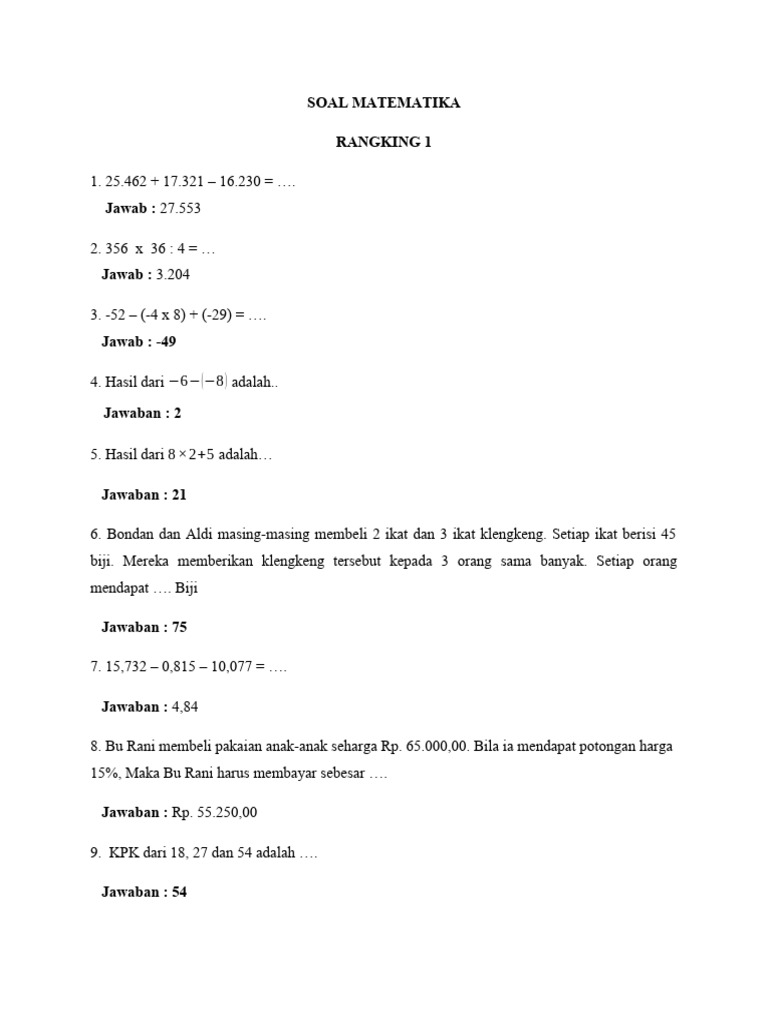 Soal Rangking 1 Matematika SMP | PDF