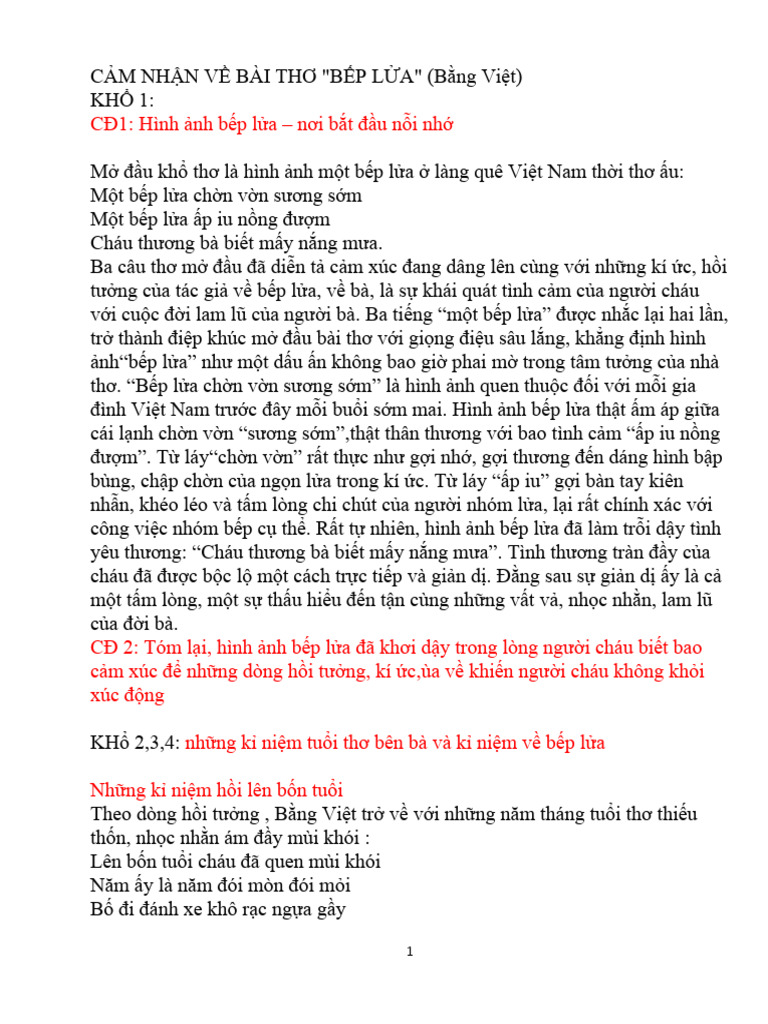CẢM NHẬN VỀ BÀI THƠ bếp lửa - oanh | PDF