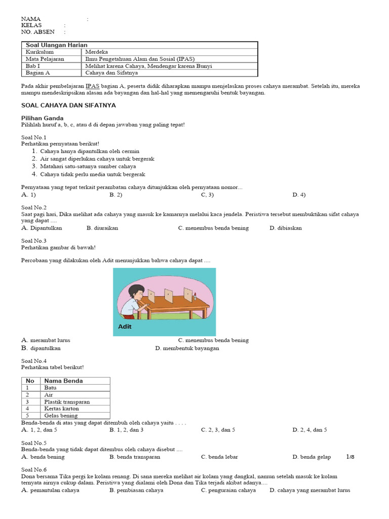Soal IPAS Kelas 5 Cahaya Dan Sifatnya BAB I Bag A | PDF