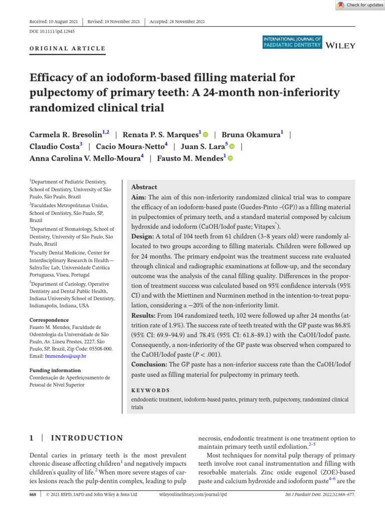Int J Paed Dentistry - 2021 - Bresolin - Efficacy of an iodoform‐based ...