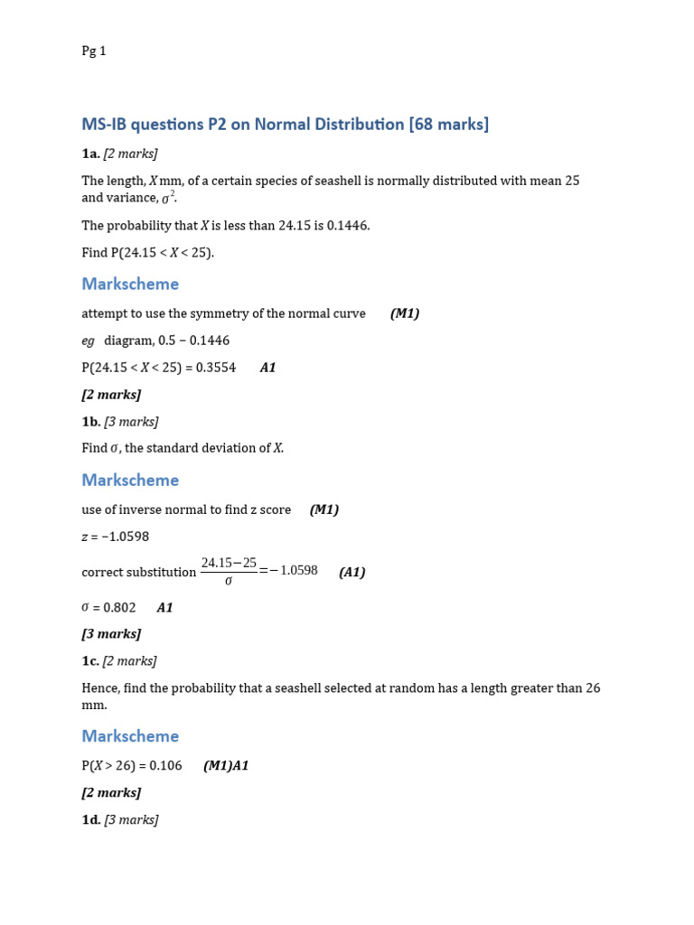 IB Questions P2 on Normal Distribution-MS | PDF