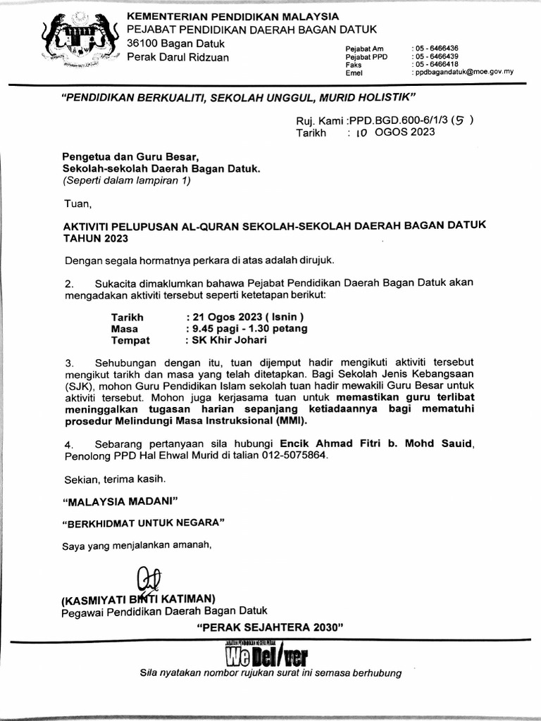 Surat Aktiviti Pelupusan Al Quran Sekolah Sekolah Bgd 11 Aug 2023 Pdf