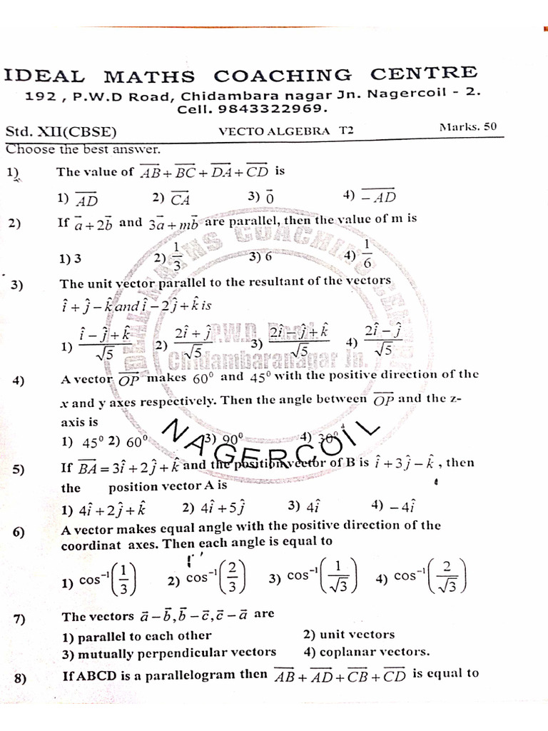 XII CBSE Vecto Algebra Question | PDF