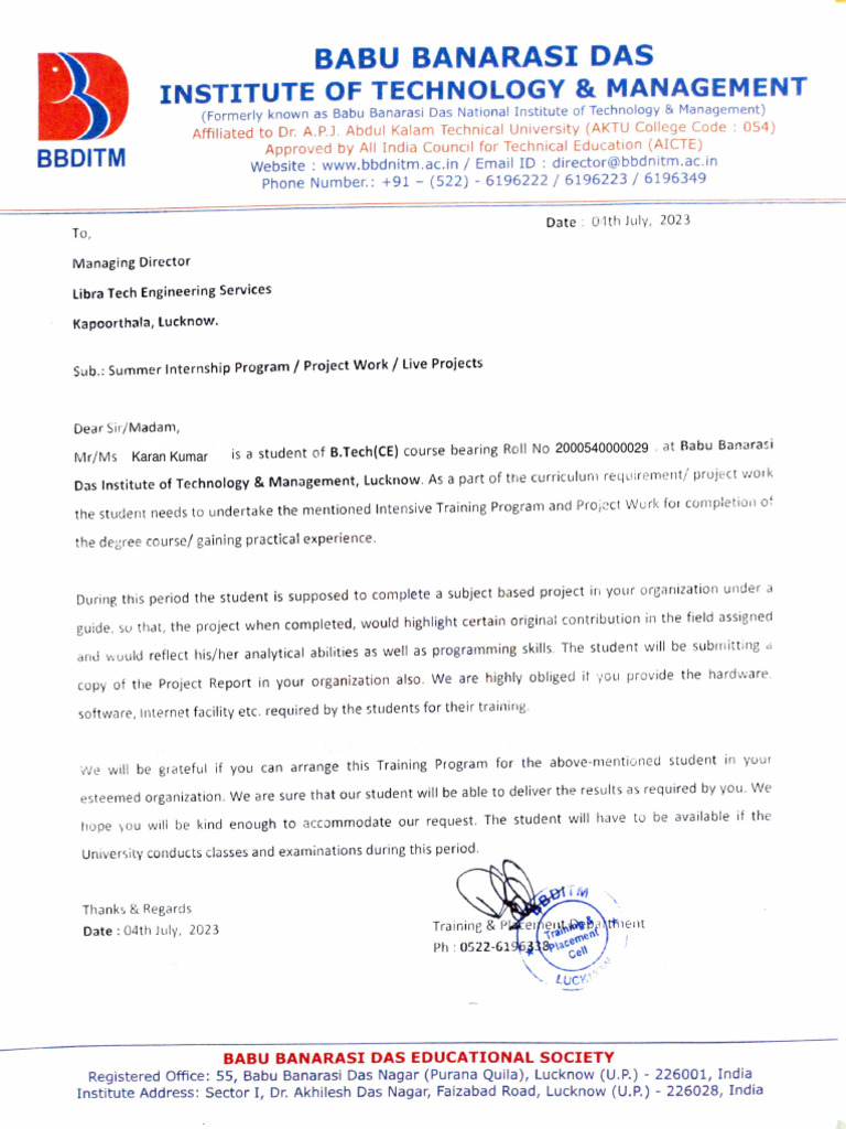 Internship Letter | PDF