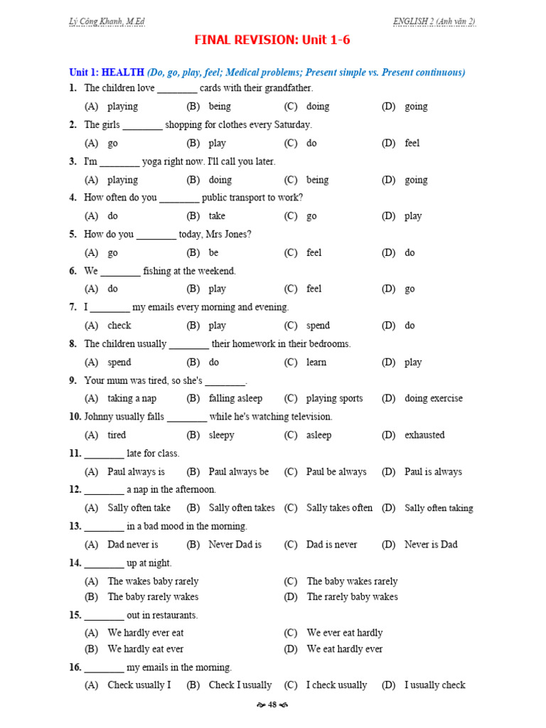2022. Anh văn 2 (LIFE A2-B1) - Ôn tập 1 - Từ vựng Ngữ pháp | PDF