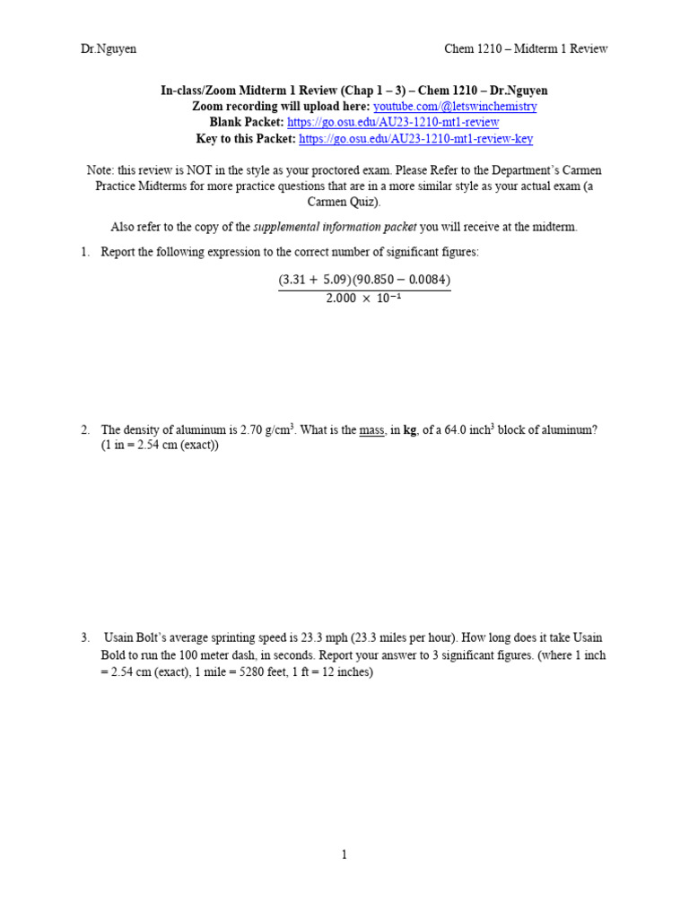 Chem 1210 - DR.N Midterm 1 Zoom Review | PDF