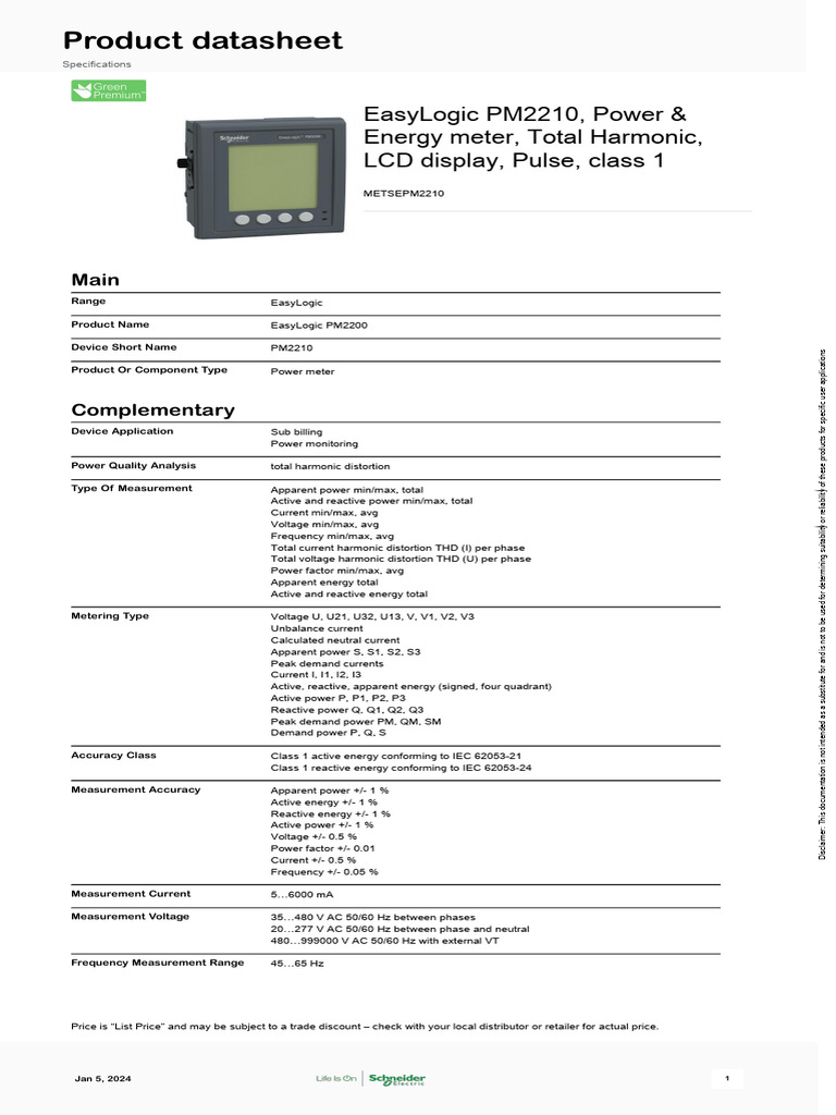 Schneider Electric - EasyLogic-Power-Meters-PM2000 - METSEPM2210 | PDF