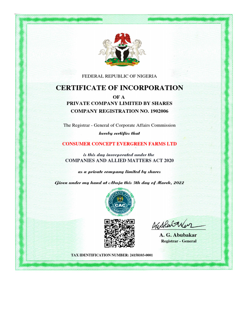 Certificate - Consumer Concept Evergreen Farms LTD | PDF