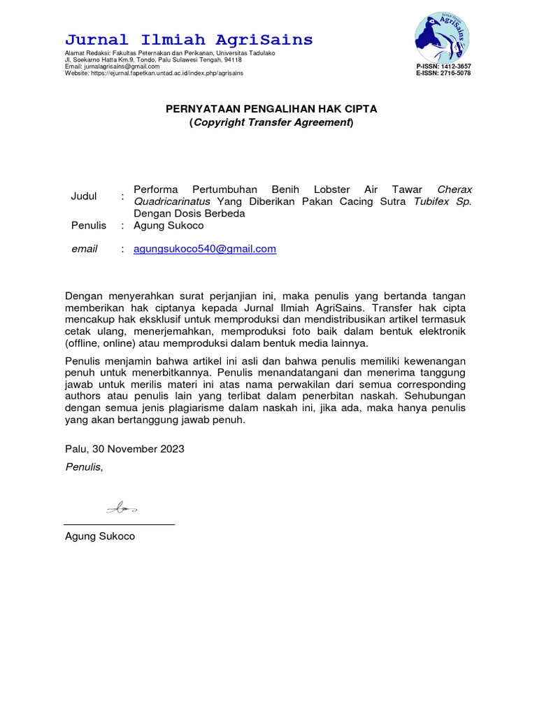 Pernyataan Pengalihan Hak Cipta Agung Sukoco | PDF