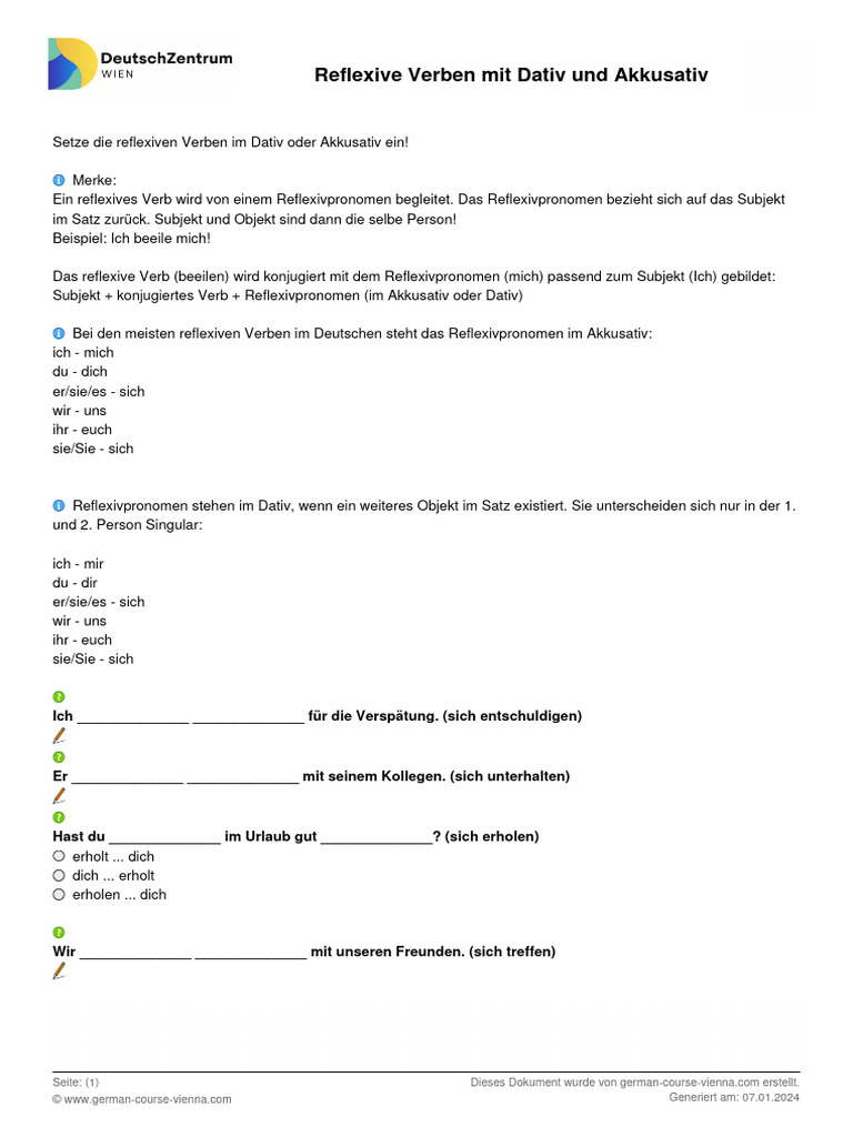 Reflexive Verben Mit Dativ Und Akkusativ | PDF