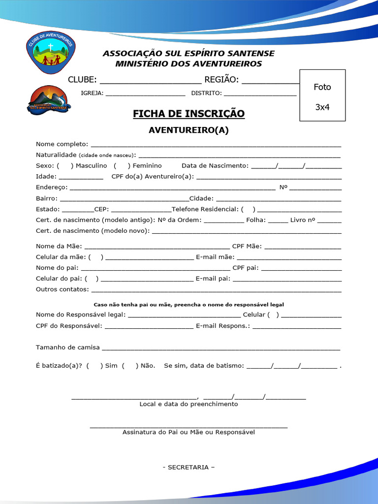 Ficha de Inscricao Aventureiroa (1) | PDF