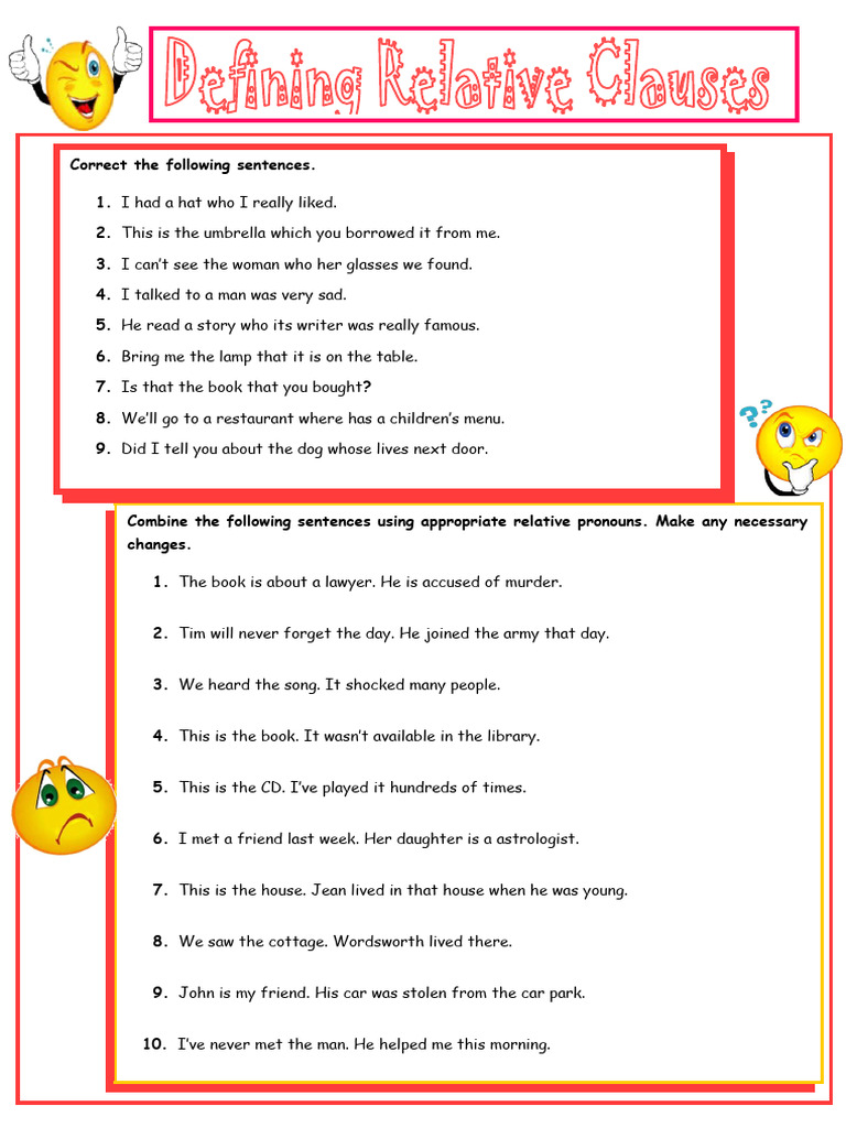 Defining Relative Clauses Grammar Drills 77040 | PDF