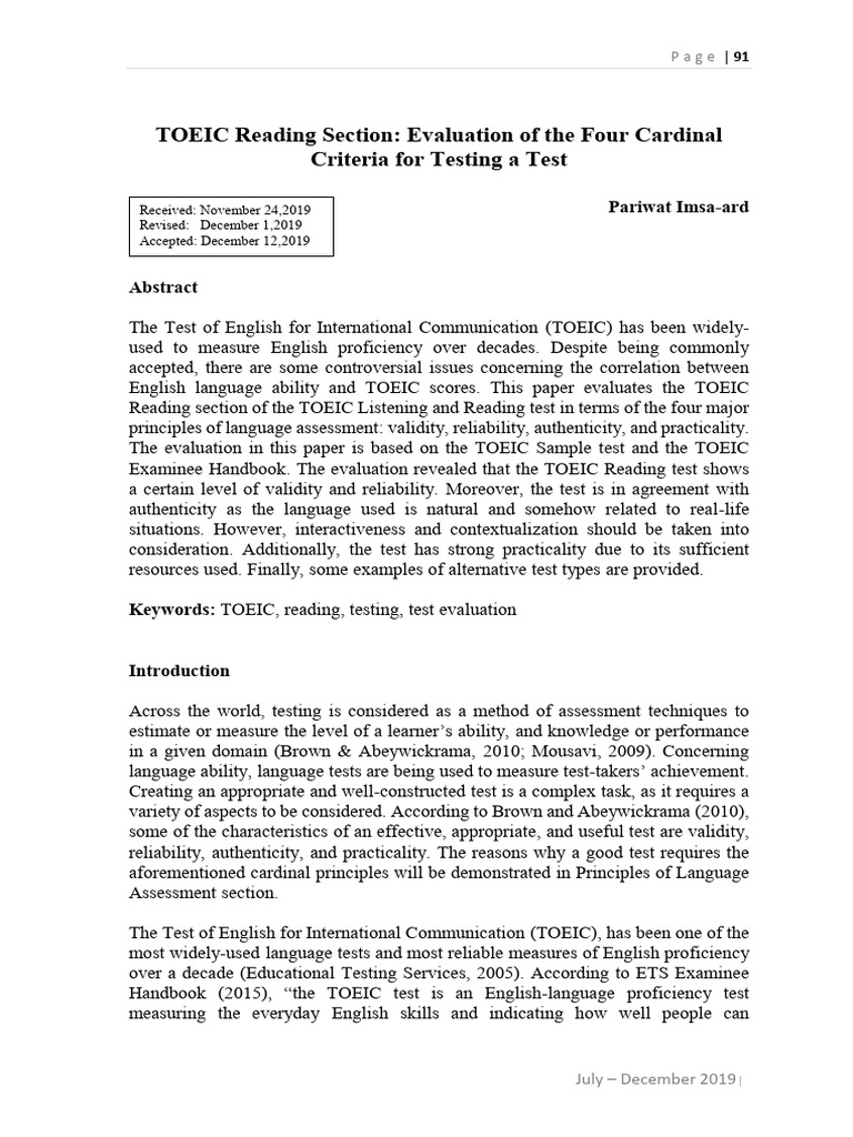 TOEIC Reading Section Evaluation of The | PDF | Validity (Statistics) | Multiple Choice