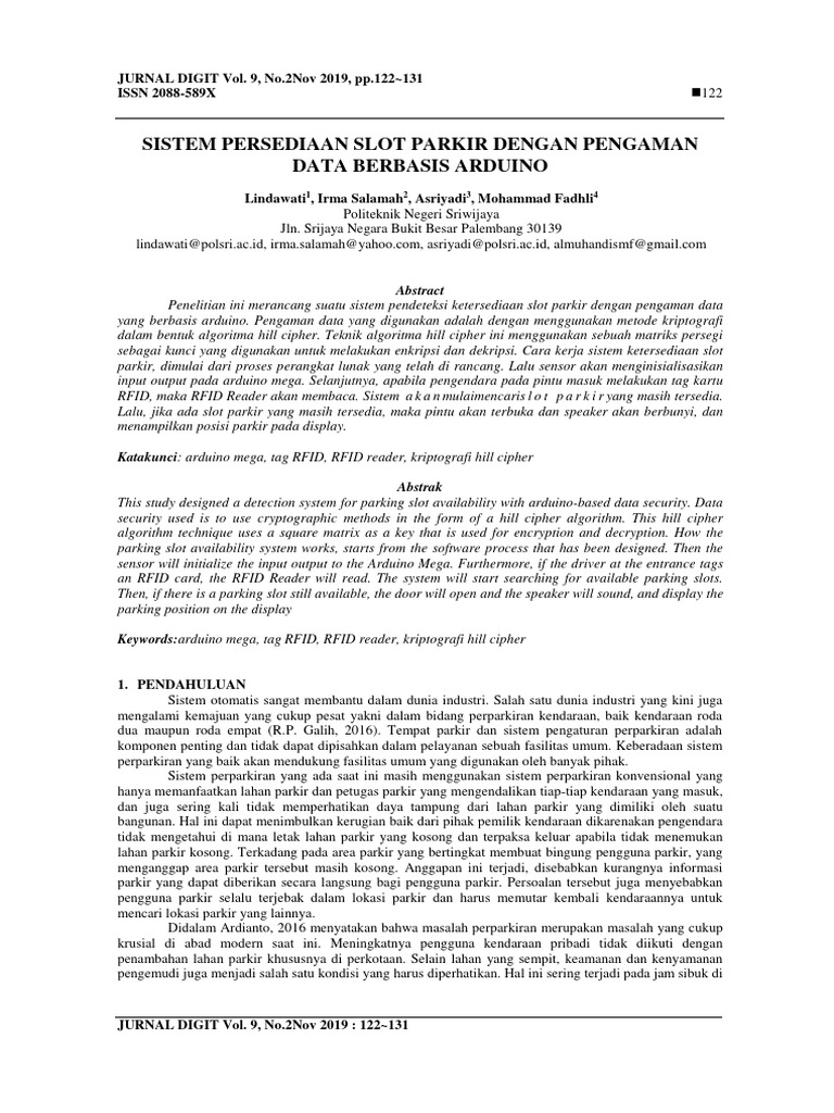 Sistem Persediaan Slot Parkir Dengan Pengaman Data Berbasis Arduino | PDF