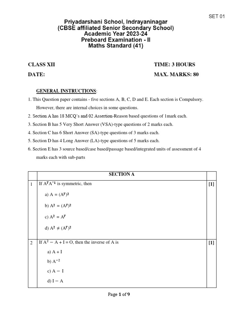 Class Xii Maths PB Set-1 2023-24 (Priyadarshani School) | PDF