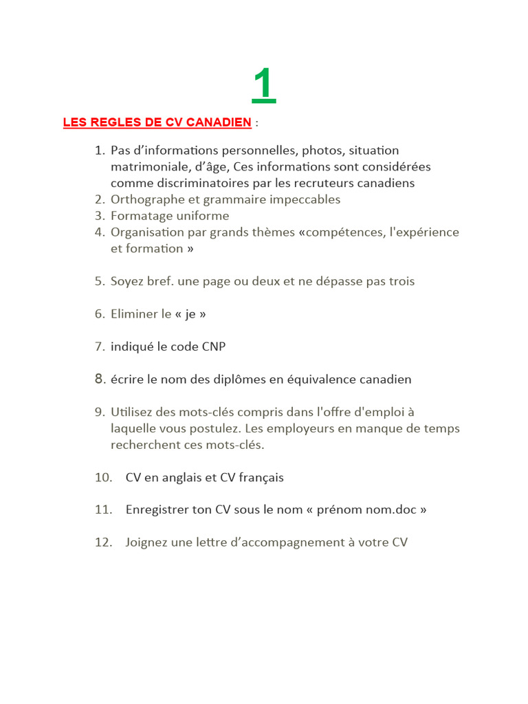 Règles essentielles pour un CV canadien | PDF
