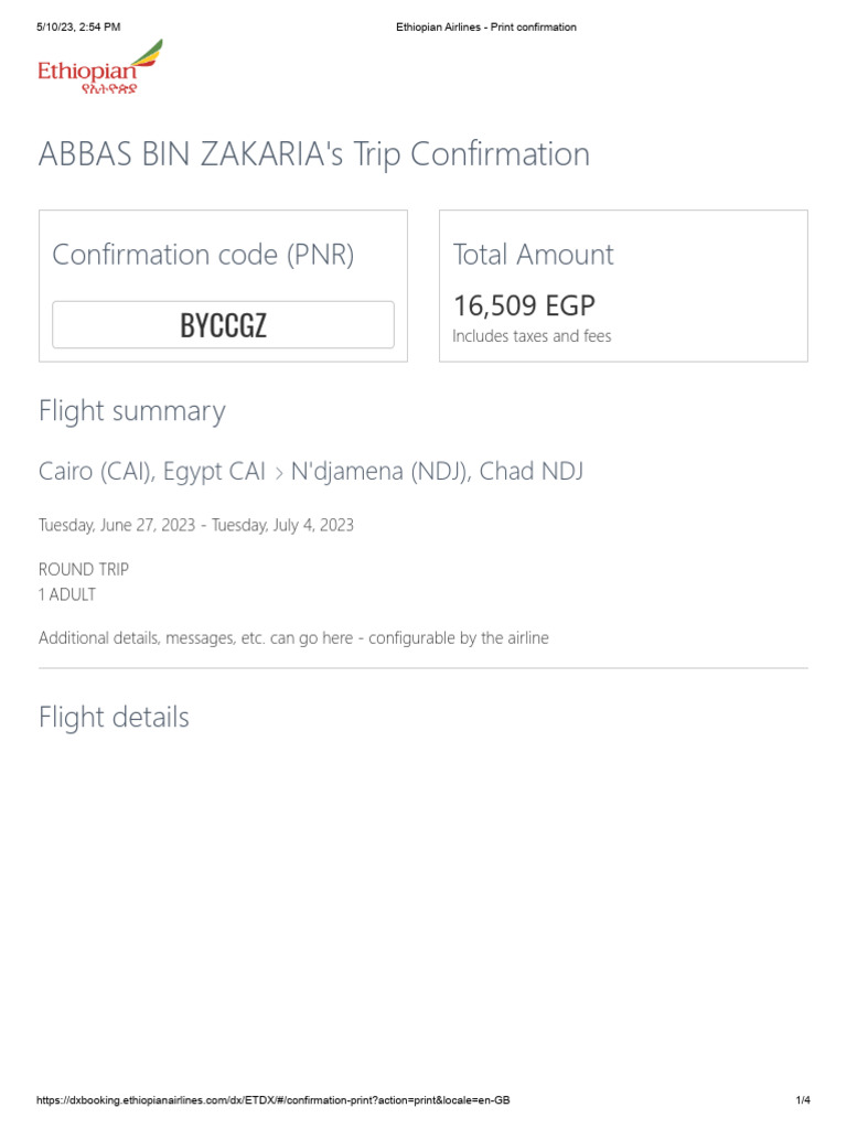 Ethiopian Airlines - Print Confirmation ABBAS | PDF