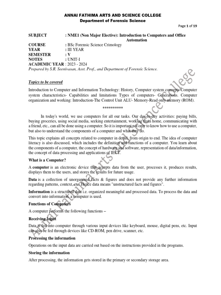 Lecture Notes - Unit-1 Introduction To Computers and Office Automation ...
