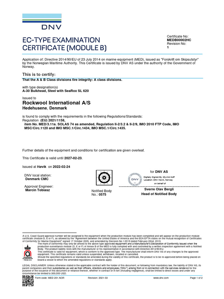Rti Certificate Med Steel Bulkhead A-30 Searox SL 620-40 25mm | PDF
