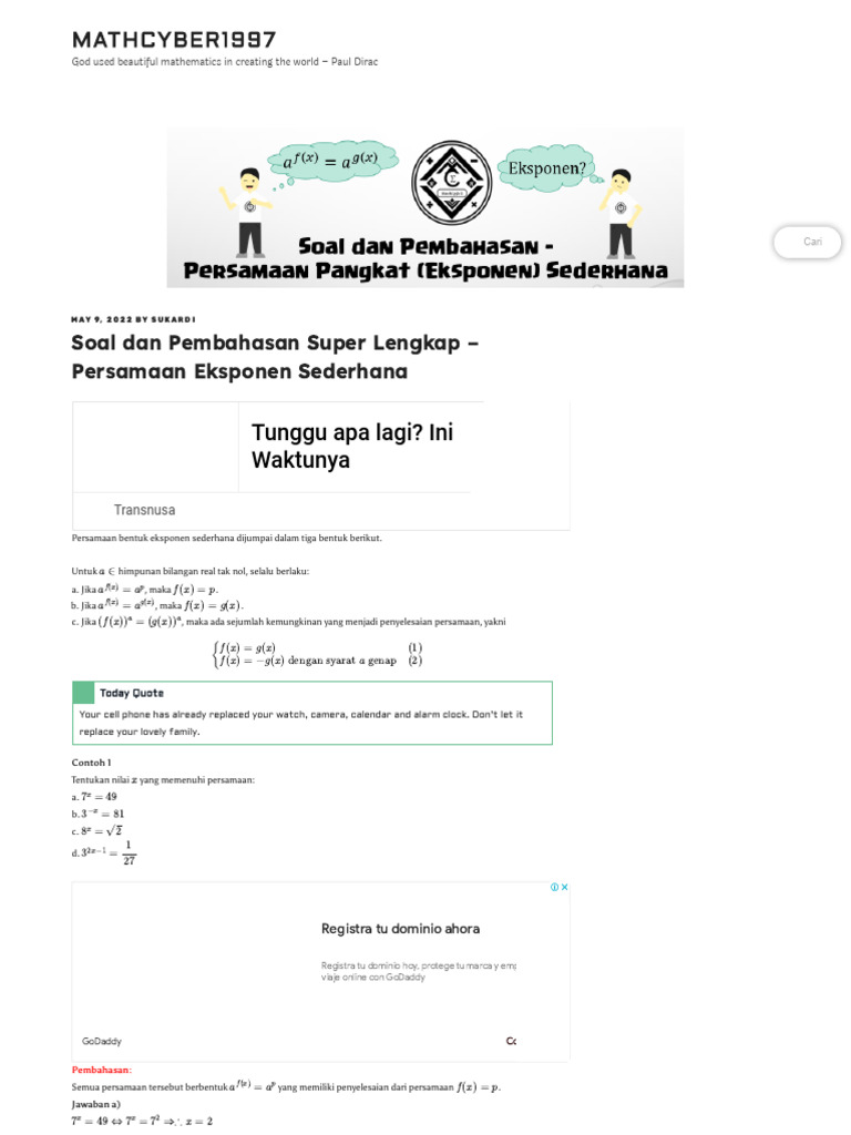 Soal dan Pembahasan Super Lengkap - Persamaan Eksponen Sederhana - Mathcyber1997 | PDF