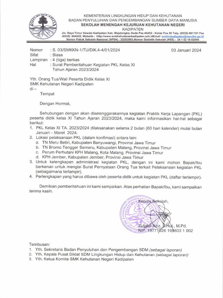 S 03 Pemberitahuan PKL Kelas XI TA 2023-2024 | PDF