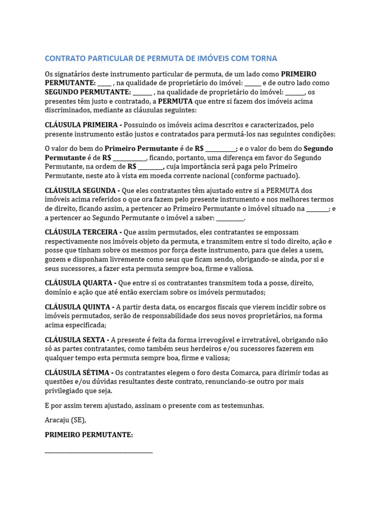 Modelo Contrato de Permuta de Bens Com Torna | PDF