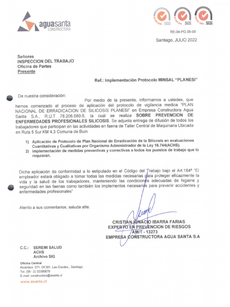Carta Inspeccion Del Trabajo PLANESI - 0006 | PDF