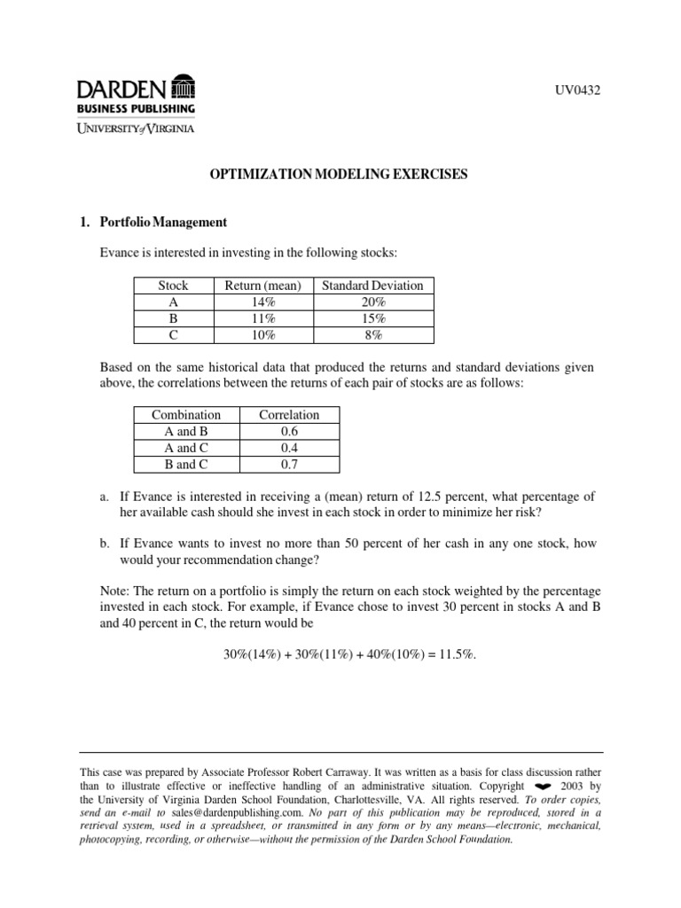 Optimization Modeling Exercises Portfolio Management Pdf 