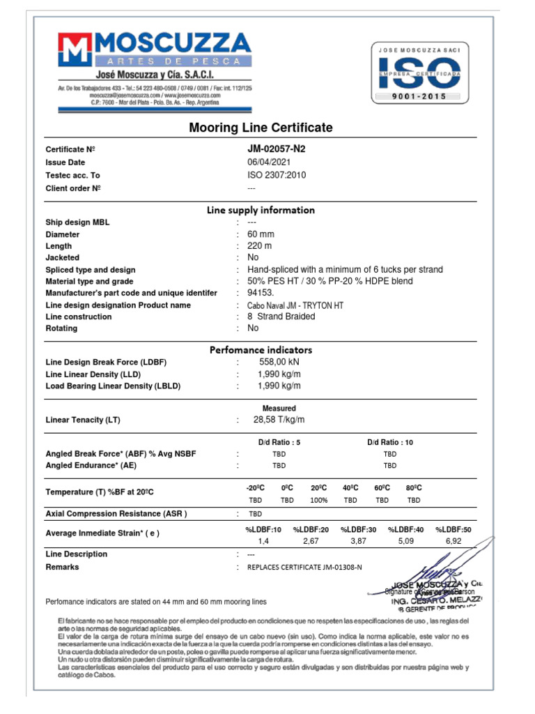 Mooring Line Certificate | PDF