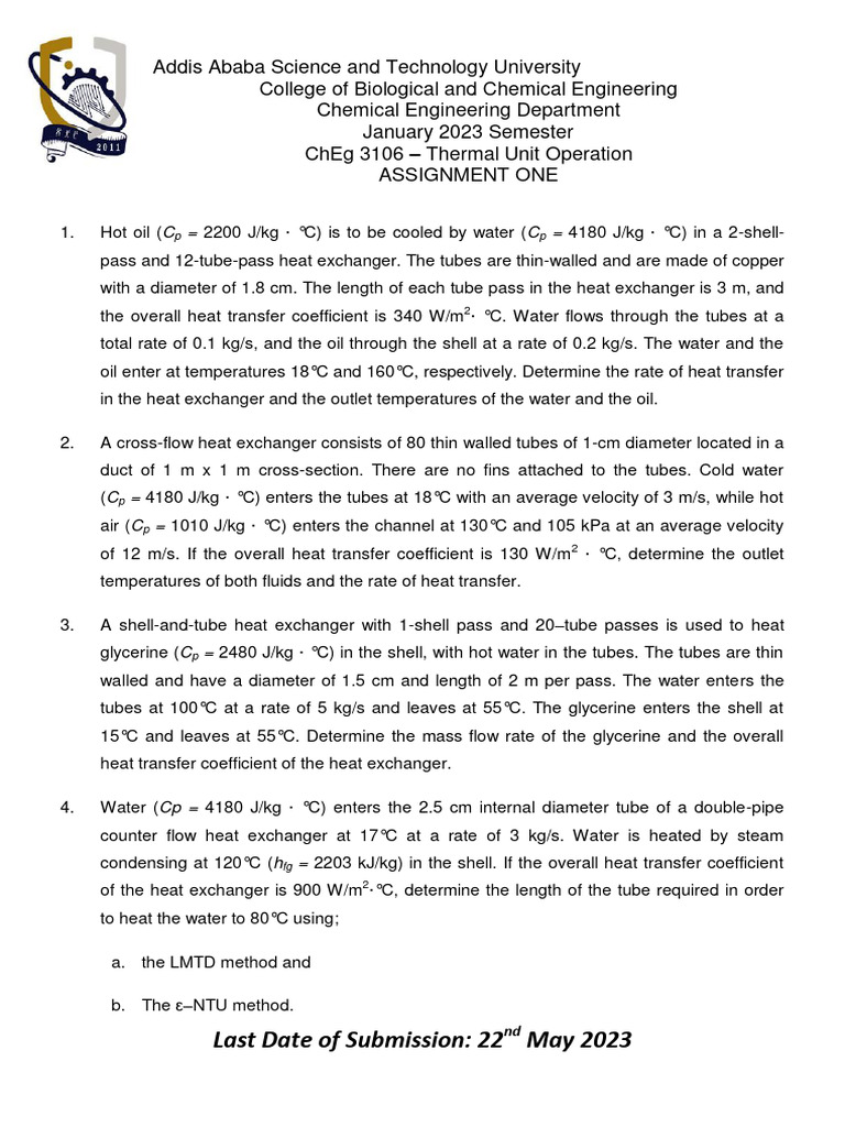 Assignment One-Heat Exchanger Design | PDF | Science & Mathematics