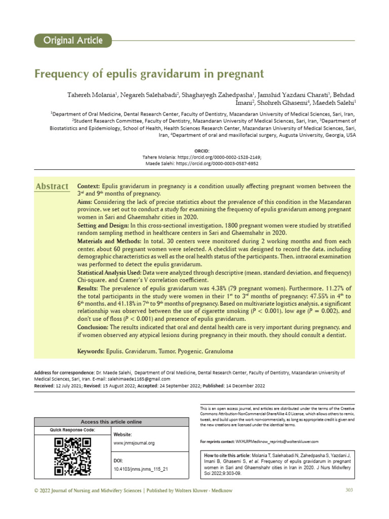 Epulis Gravidarum Prevalence in Iran | PDF