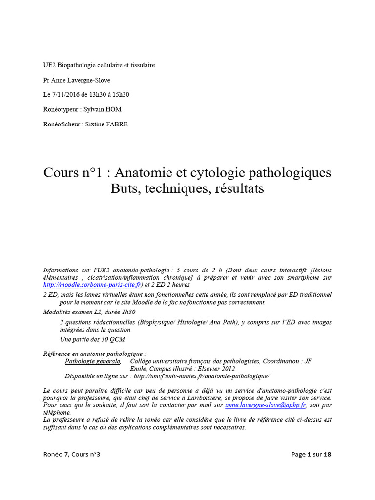 3a p2 Ue2 Cours 1 Anatomie Et Cytologie Pathologiques Buts Techniques ...