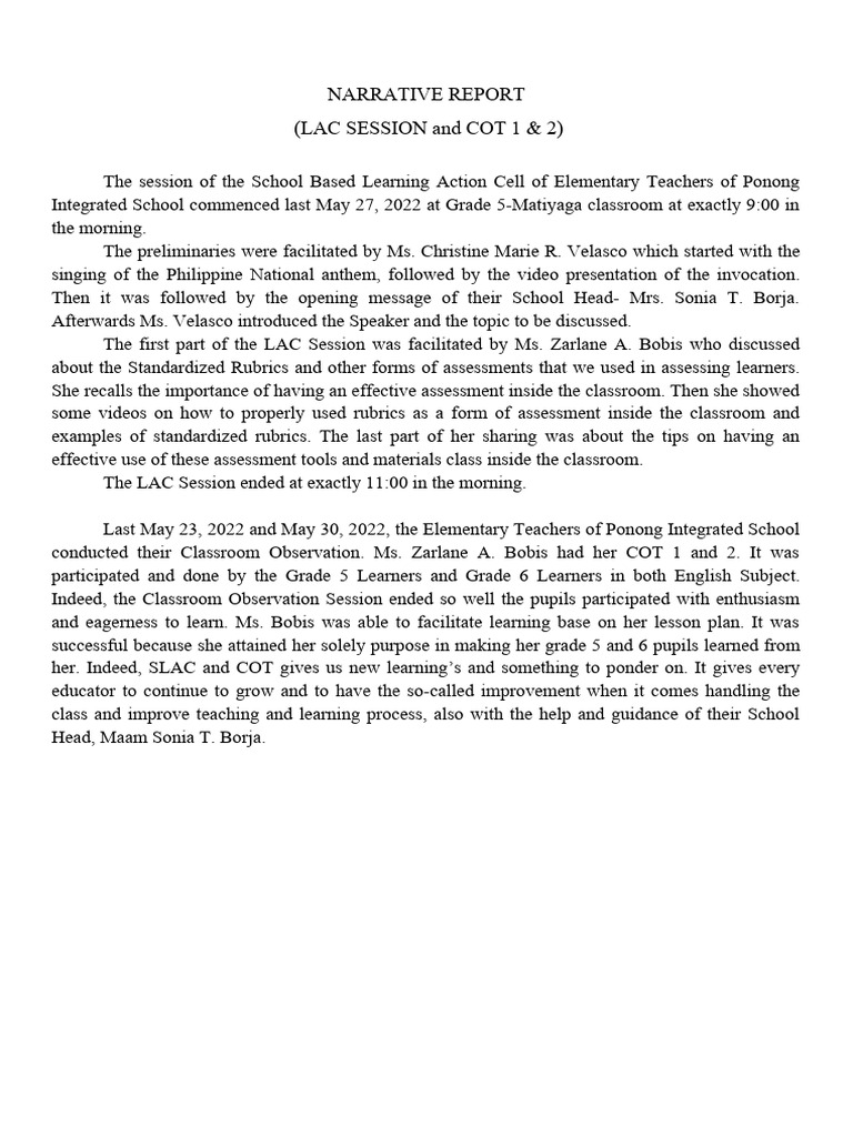 Lac Session Narrative Report | PDF