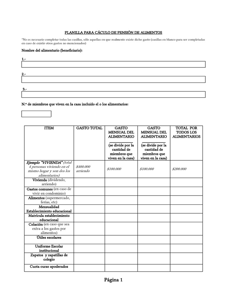 Planilla Gastos Pensión de Alimentos | PDF Planilla Gastos Pensión de Alimentos | PDF