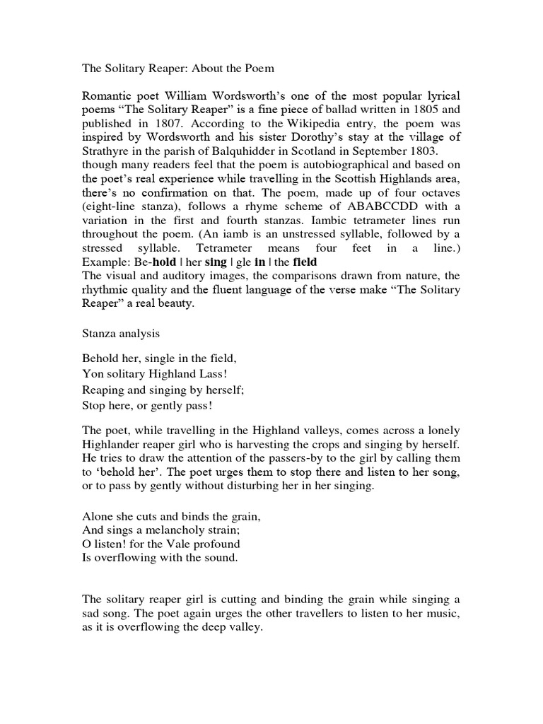 "The Solitary Reaper" Analysis | PDF | Poetry
