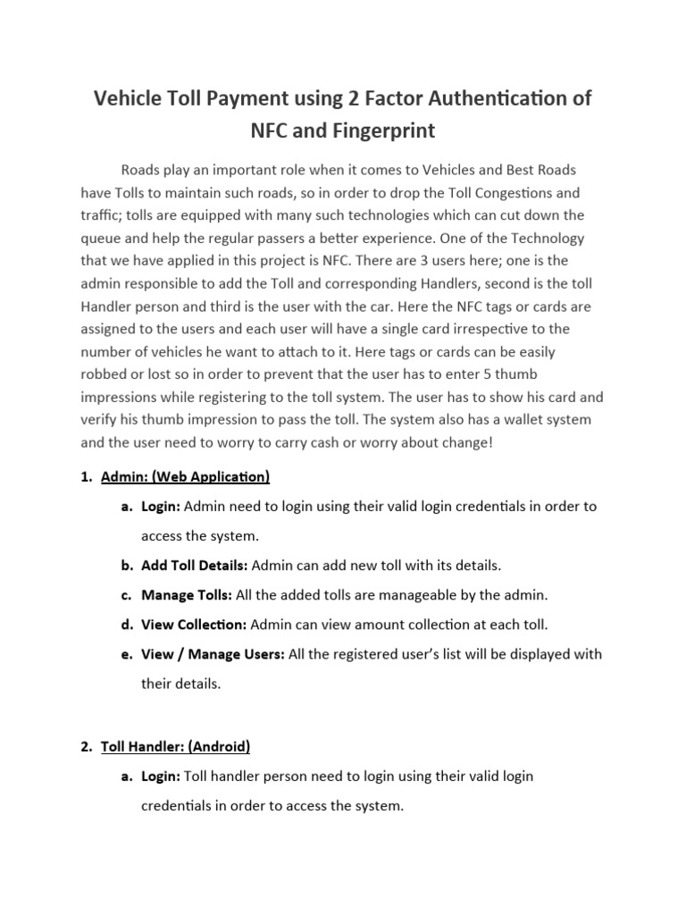 Vehicle Toll Payment Using 2 Factor Authentication of NFC and Fingerprint | PDF