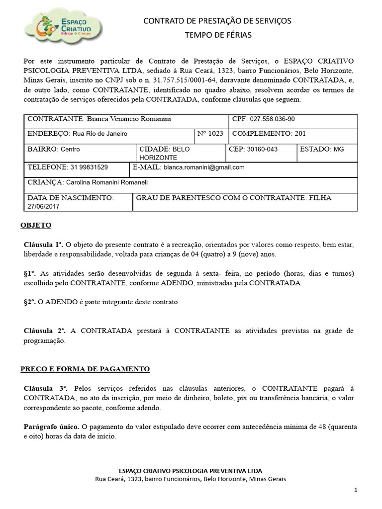 Contrato de Serviços para Carolina Romanini | PDF | Tempo